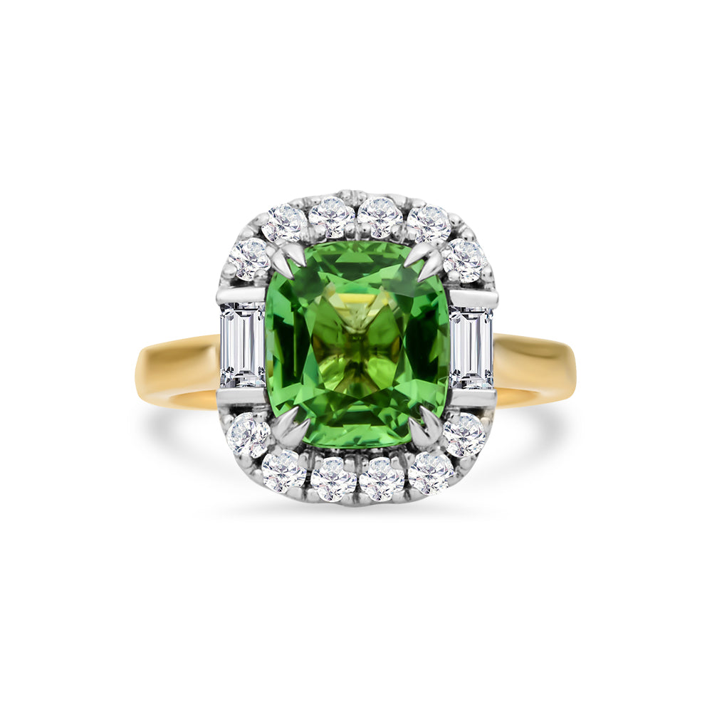 Cushion Cut Mint Green Tourmaline Ring with Brilliant & Emerald Cut Di ...